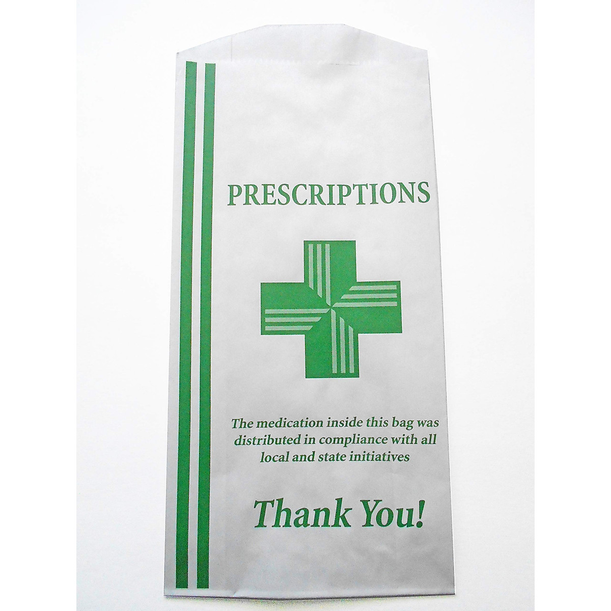 Green Health Cross - Dispensary Prescription Bags (10x5x2) Gusseted Paper Pharmacy Bag, Medication Packaging for Drug Stores, Designed with Collectives in Mind - With Compliance Statement (100)