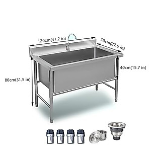 Large Utility Sink Laundry Tub,Freestanding Stainless Steel Sink,Kitchen Commercial Industrial Sink,1 Compartment Single Bowl Heavy Duty Slop Sinks (120cm)
