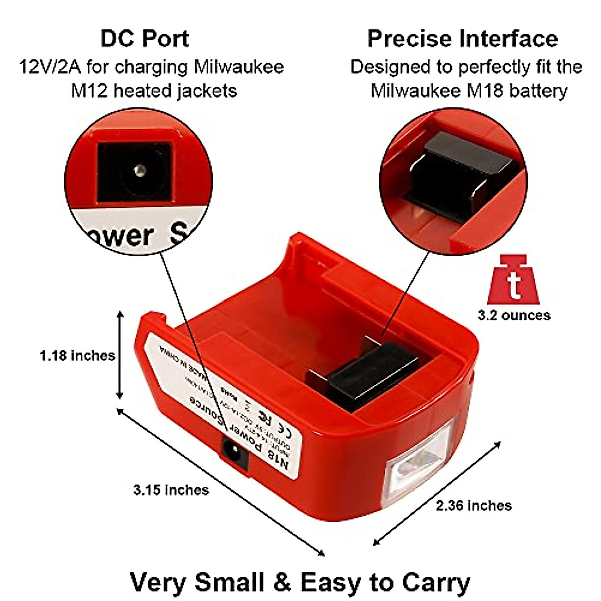 SINTENT Taingwei Battery Adapter for Milwaukee 18V Battery USB Charger and 12V DC Port and 3W LED Work Light - Compatible with Milwaukee M18 Lithium-Ion Batteries,Red,MWQ-090