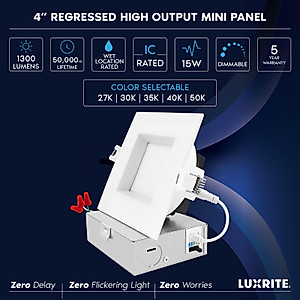 LUXRITE 4 Inch Square LED Recessed Ceiling Light with Junction Box, 15W, 5CCT Selectable 2700K/3000K/3500K/4000K/5000K, 1300LM High Brightness, Dimmable Canless Downlight, Wet Rated, ETL (6 Pack)