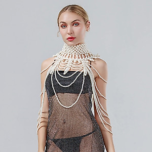 CCbodily Pearl Body Chain Bra - Fashion Shoulder Necklaces Bra Chain Body Jewelry(E-WHITE)