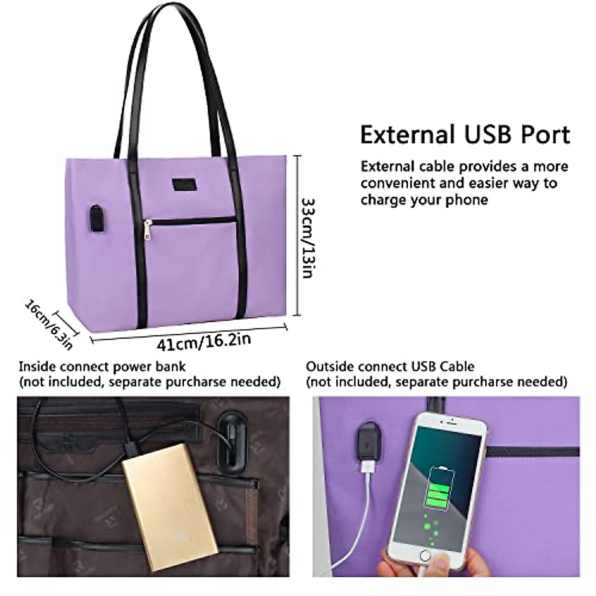 Laptop Tote Bag, Large Women Work Bag Purse USB Teacher Bag Fits 15.6 Inch Laptop (15.6 Inch, Purple)