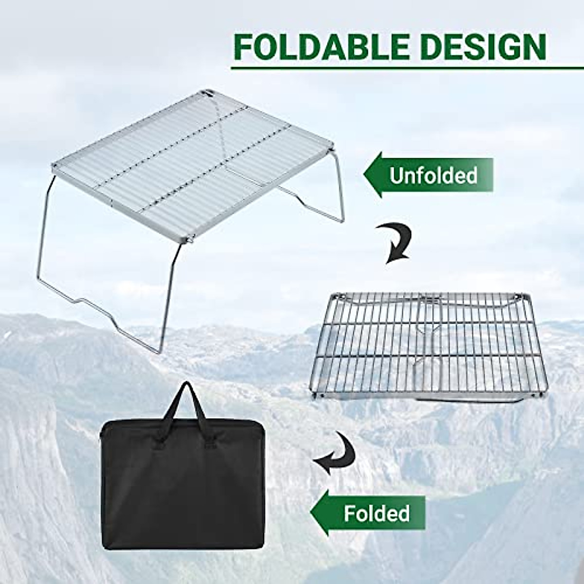 YETO Two Hight Camping Grill Grate with Legs 304 Stainless Steel Folding Campfire Over Fire Portable and Carrying Bag for Outdoor Cooking BBQ Picnic Hiking, Silver-Large, 16.3 x 12.2 x 8.6 inches