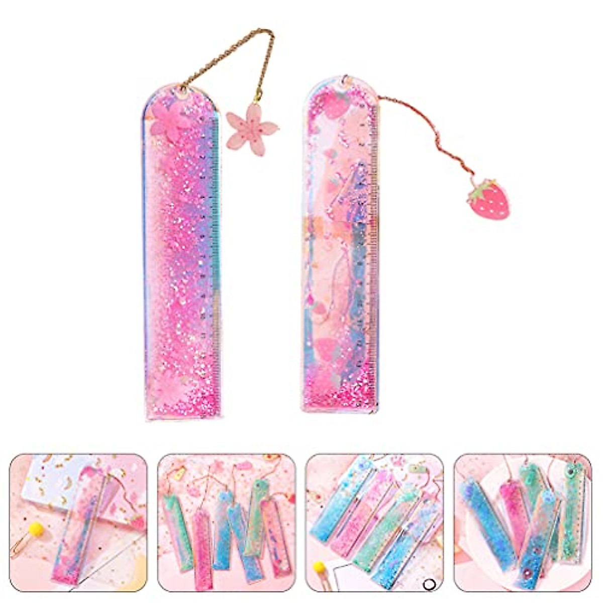 NUOBESTY 2pcs Quicksand Student Stationery Bookmark Ruler Cute Measurement Decoration Ruler Flow Sand Bookmark rulers Girl Drawing Template Cute Page Markers for Girls, Ladies, Children