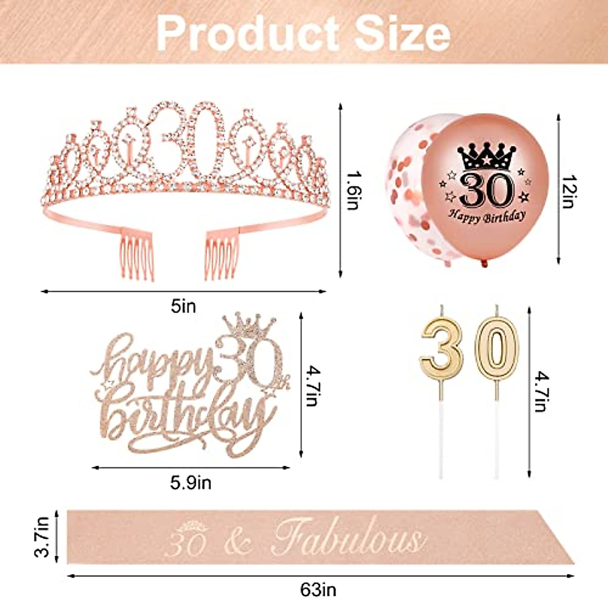 Chenkaiyang 30th Birthday Decorations, Birthday Crown and Sash for Girls Rhinestone Tiara Set Rose Gold Party Decors Including Candles, Cake Toppers and Balloons 30th Birthday Gifts for Girls