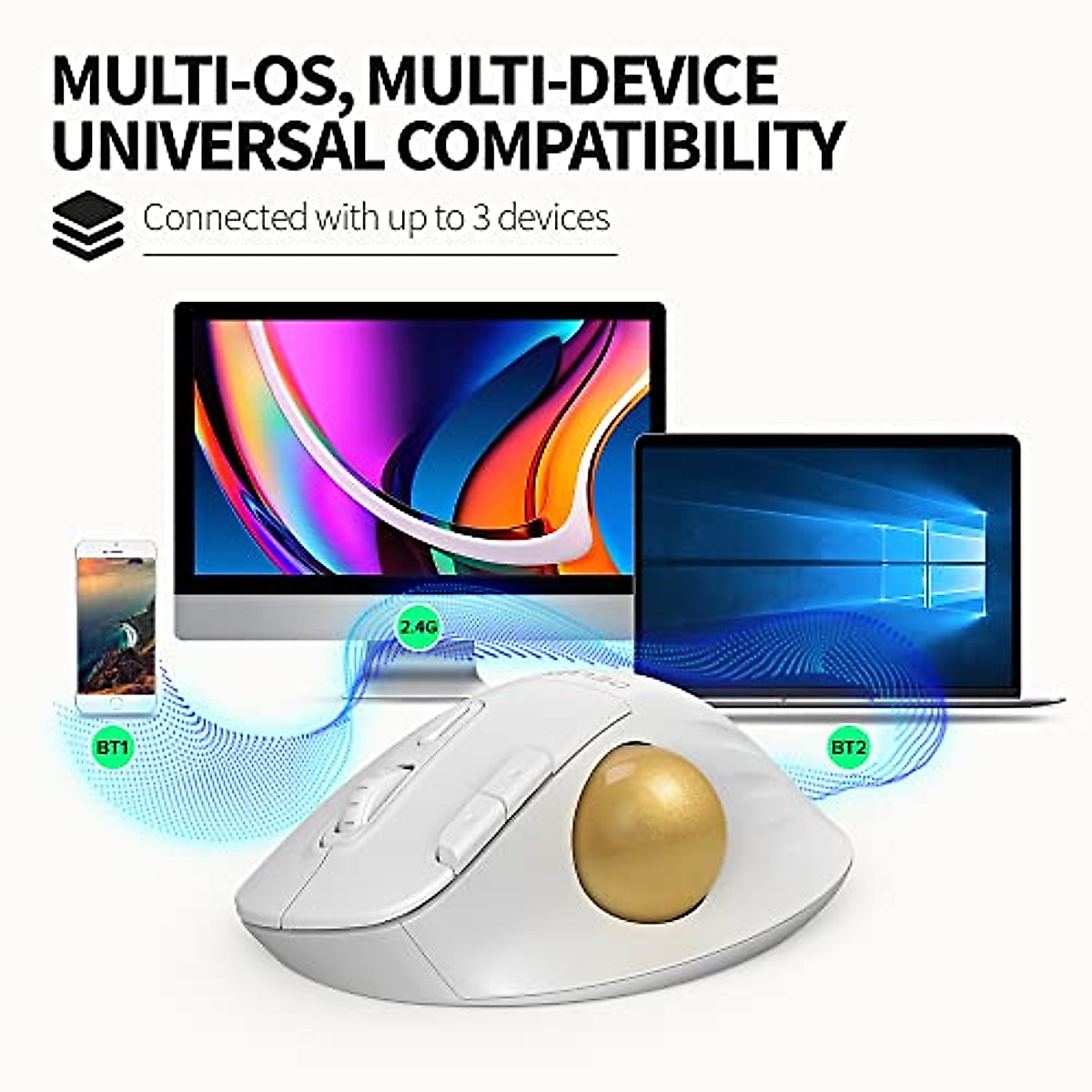 DeLUX Bluetooth Trackball Mouse, Wireless Ergonomic Rollerball Mouse with 2400DPI, Smooth Easy Thumb Control, 3 Devices Connection, Compatible for Windows, PC, Mac (MT1-White)