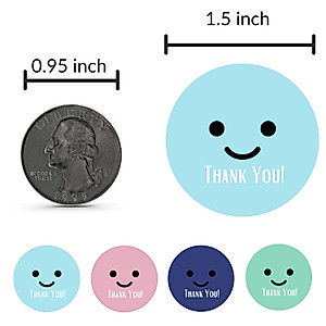 Mobiusea Party Thank You Stickers Roll | Happy Smiley Faces |1.5 inch | Waterproof | 500 Labels for Small Business, Packaging, Mailer Seal Stickers, Baby Showers, Kids Birthday Party | 4 Color Designs