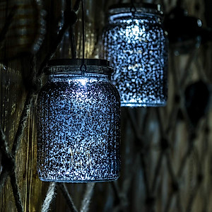 GIGALUMI Solar Powered Mercury Glass Mason Jar Lights, 2 Pack Hanging Solar Laterns Table Lights for Garden, Patio, Backyard.(Ideal Gift)