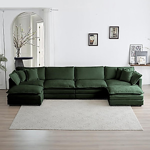 KIVENJAJA Oversized U-Shaped Modular Sectional Sofa, Modern Chenille 4-Seater Deep Seat Cloud Couch with 2 Ottomans/Chaises & 6 Pillows for Living Room Office, 146.5”W, Green