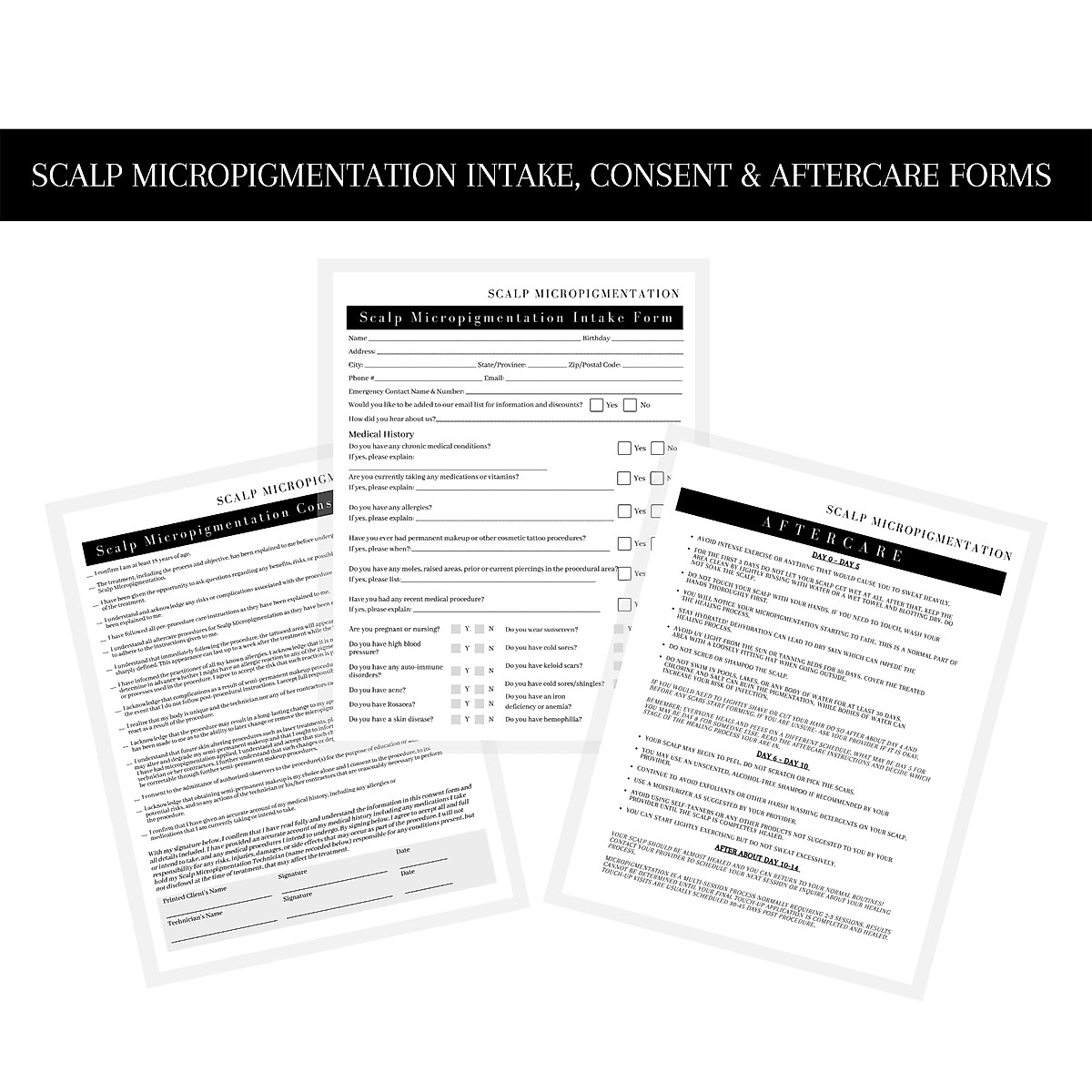 Scalp Micropigmentation Client Intake Forms: Intake,Consent,Consultation and Aftercare Forms | 75pk 25 of Each | for PMU Scalp Tattoo Professional Pigmentation 8.5 x 11” in Forms, Black and White