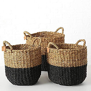WHW Whole House Worlds Cape Cod Seagrass Baskets, Set of 3, Paint Dipped, Chunky Weave, Nautical Gray, Natural, Barrel Belly, Top Handles, 15.75, 13.75, and 11.75 Inches Tall