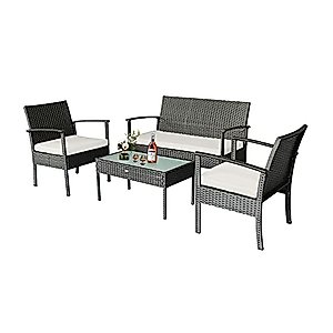 StellaHome Rattan Patio Outdoor Furniture Sets 4 Pieces Wicker Chairs Loveseats with Extra Cushion Covers for Replacement (Black Wicker/Grey&Beige Cushions)