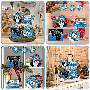 Guoofu Winter Tiered Tray Decor, Christmas Farmhouse Snowman Tray Decorations, Holly Jolly Snowflake Wonderland Wooden Signs, Xmas Holiday Rustic Home Decor for Tabletop Shelf Mantel Party