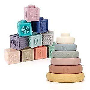 Mini Tudou Baby Blocks & Stacking Rings Toy Set, Baby Sensory Building & Teething Toys Educational Squeeze Play with Animals Shapes Textures Numbers, Holidays for Toddlers Babies 6m+
