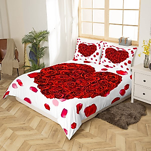Red Heart Duvet Cover Set Queen Size,Rose Floral Petals Bedding Set 3pcs for Man Woman Adult Room Decor, Valentine's Day Gift Comforter Cover Wedding White Romantic Quilt Cover with 2 Pillowcases