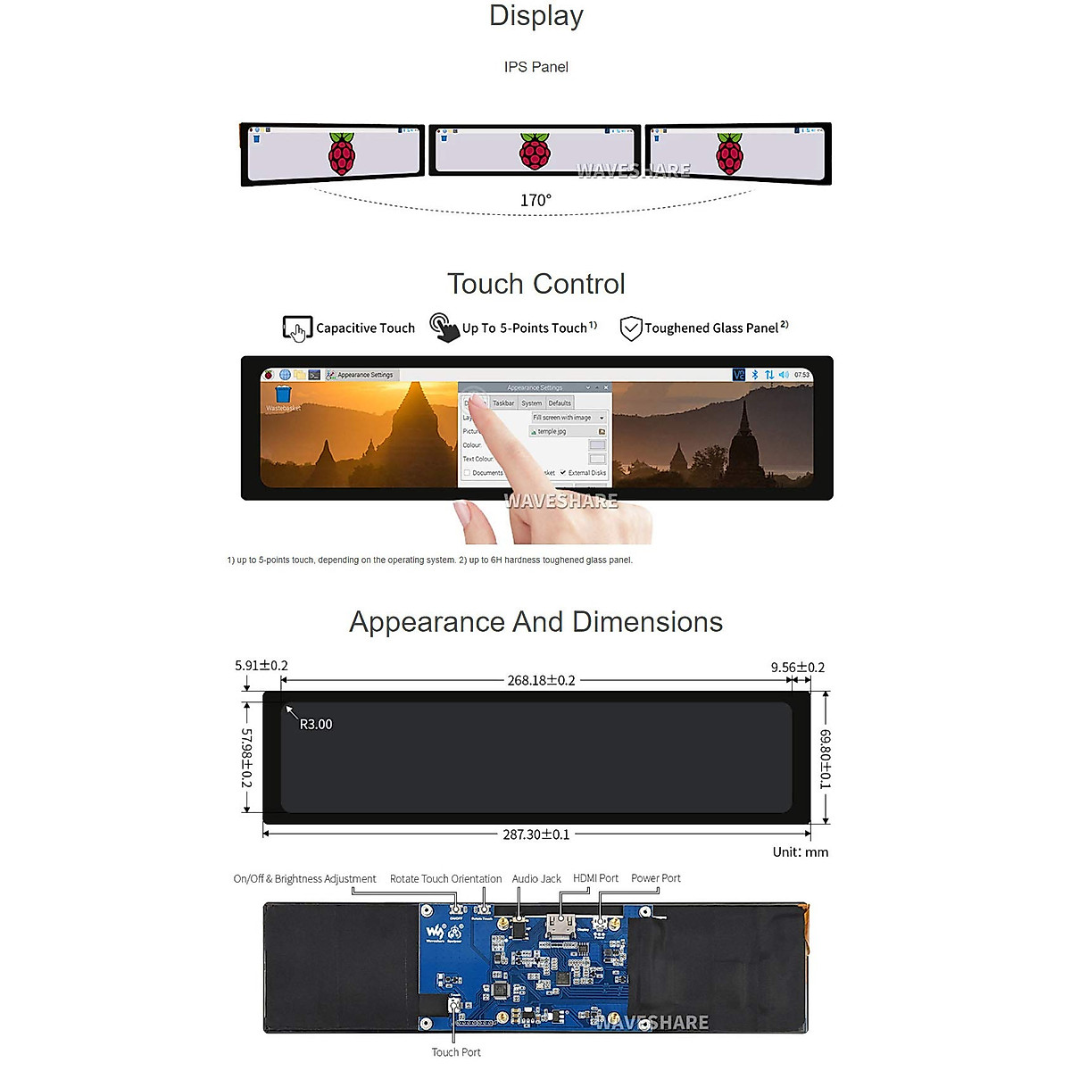 Coolwell 11.9inch Capacitive Touch Screen LCD for Raspberry Pi Series/Jetson Nano/PC, 320×1480, HDMI, IPS Display Panel, Toughened Glass Cover
