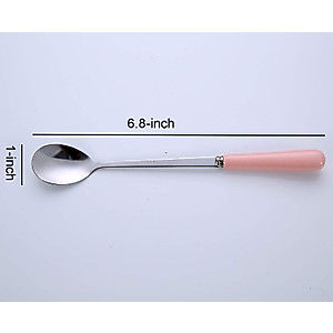 Goeielewe 3PCS Mixing Spoons for Coffee, Dessert, Ice Cream, Milkshake, Stainless Steel Iced Teaspoon with Ceramic Handle Tablespoons Espresso Cocktail Stirring Spoons, 6.8-Inch (Pink)