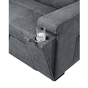 Lilola Home Toby Gray Woven Fabric Reversible Sleeper Sectional Sofa with Storage Chaise Cup Holder USB/USB-C Ports and Pockets