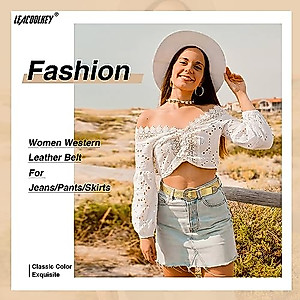 LEACOOLKEY Western Leather Belt for Women Vintage Design Buckle Waist Belt for Jeans Dress