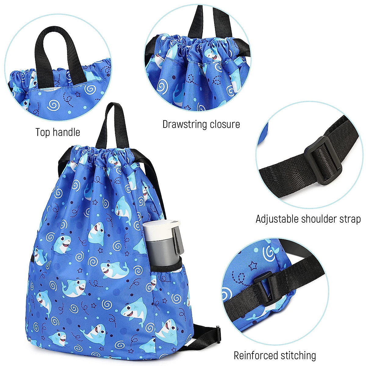 Ryushoyo Children Boy Girl Ocean Shark Print Drawstring Backpack Outdoor Casaul Portable Shoulder Bag Swim Gymsack Sack Pack Dark Blue