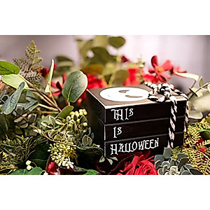 LIVDUCOT Mini Black Halloween Tiered Tray Decor Wood Decorative Book Stack-5x4x3" Rustic Farmhouse Fake Wooden Books for Home Table Decorations Nightmare Before Christmas & This is Halloween Sign