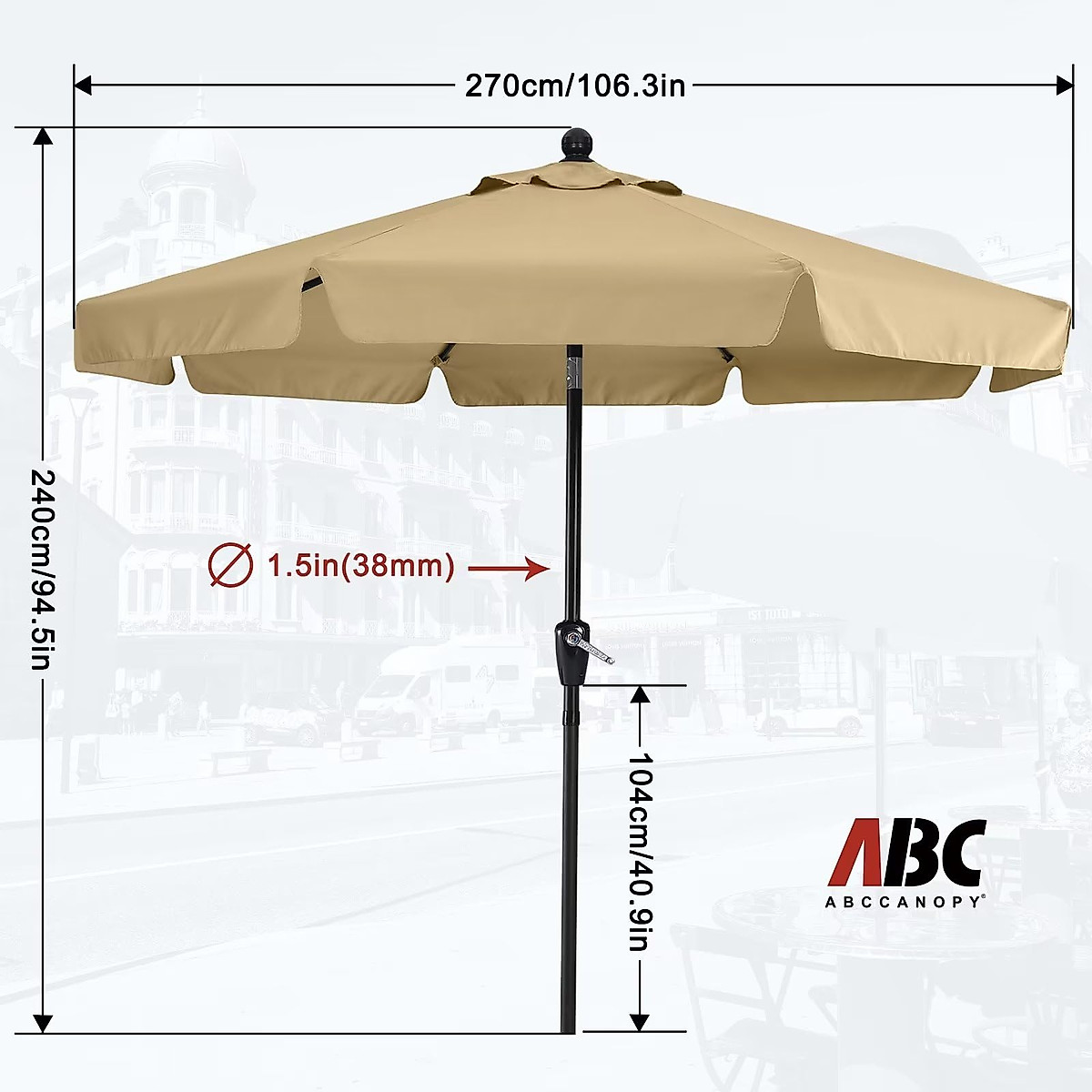 ABCCANOPY Patio Umbrella 9ft - Outdoor Table Umbrella with Push Button Tilt and Crank, 8 Ribs Umbrella for Patio Pool Garden Deck (Khaki)