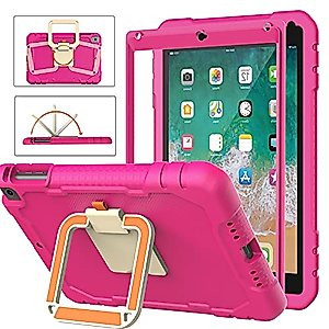 BMOUO Case for iPad 6th/5th Generation,Built-in Screen Protector,[360° Rotating Handle Stand] Shockproof Lightweight Case for iPad 9.7" 2018/2017,Rose