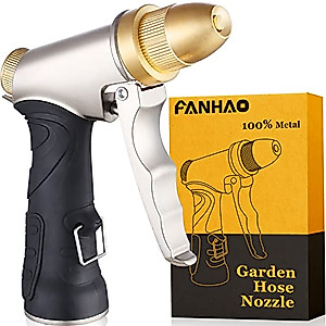 FANHAO Garden Hose Nozzle, 100% Heavy Duty Metal Spray Nozzle High Pressure Water Nozzle with 4 Patterns for Watering Garden, Washing Cars and Showering Pets - Full Brass Nozzle + ABS Non-Slip Grip