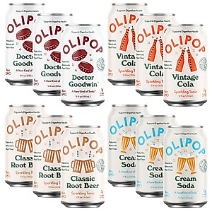 OLIPOP - 4-Flavor Sparkling Tonic Retro Greatest Hits Variety Pack, Prebiotic Soda Sampler, Rich in Botanicals, 9g of Dietary Plant Fiber, Vegan, Low-Sugar, Low-Calorie, Non-GMO (12oz, 12-Pack)
