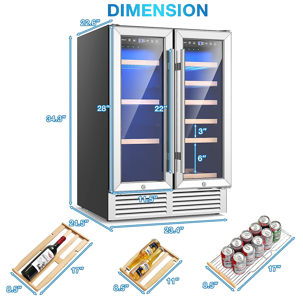 CHEFJOY Beverage and Wine Cooler Refrigerator, Dual Zone 2-in-1 Wine Fridge Cellar w/Independent Temperature Control, LED Lights, 18 Bottles & 57 Cans, Quiet Operation, Freestanding or Built-in