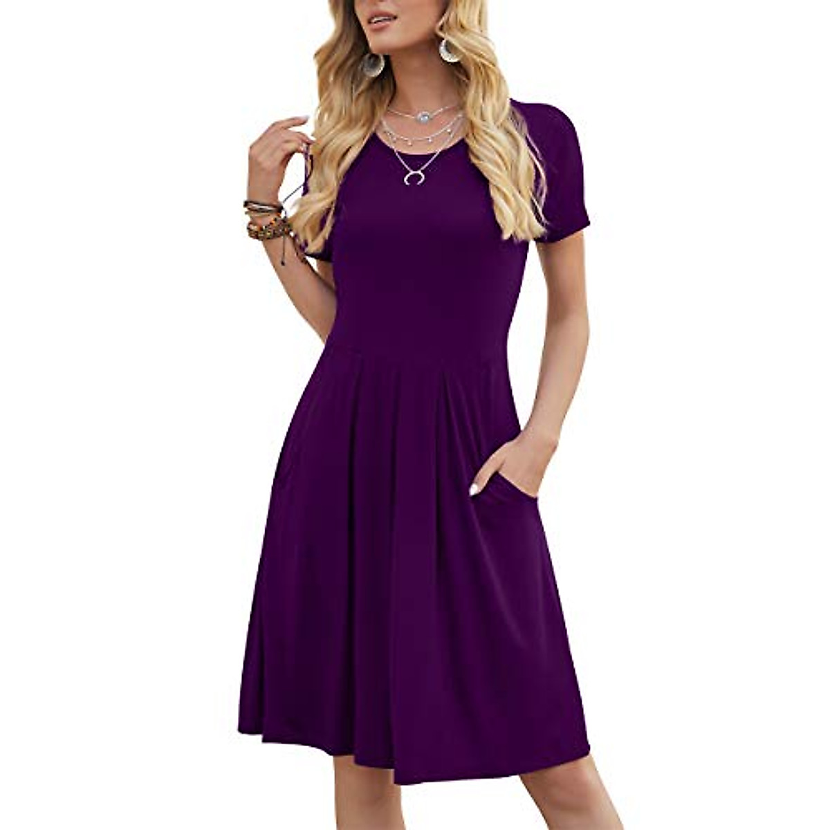DouBCQ Women's Casual Short Sleeve Flowy Pleated Loose Dresses with Pockets (0-Purple, L)