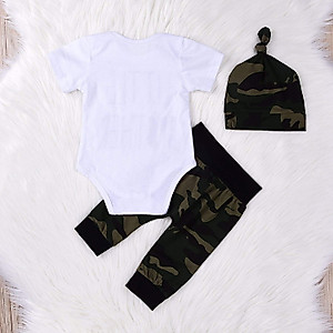 Cute 3pcs Newborn Baby Boys Letter Print Romper+Camouflage Pants+Hat Outfits Set (0-3Months, White&Outta)