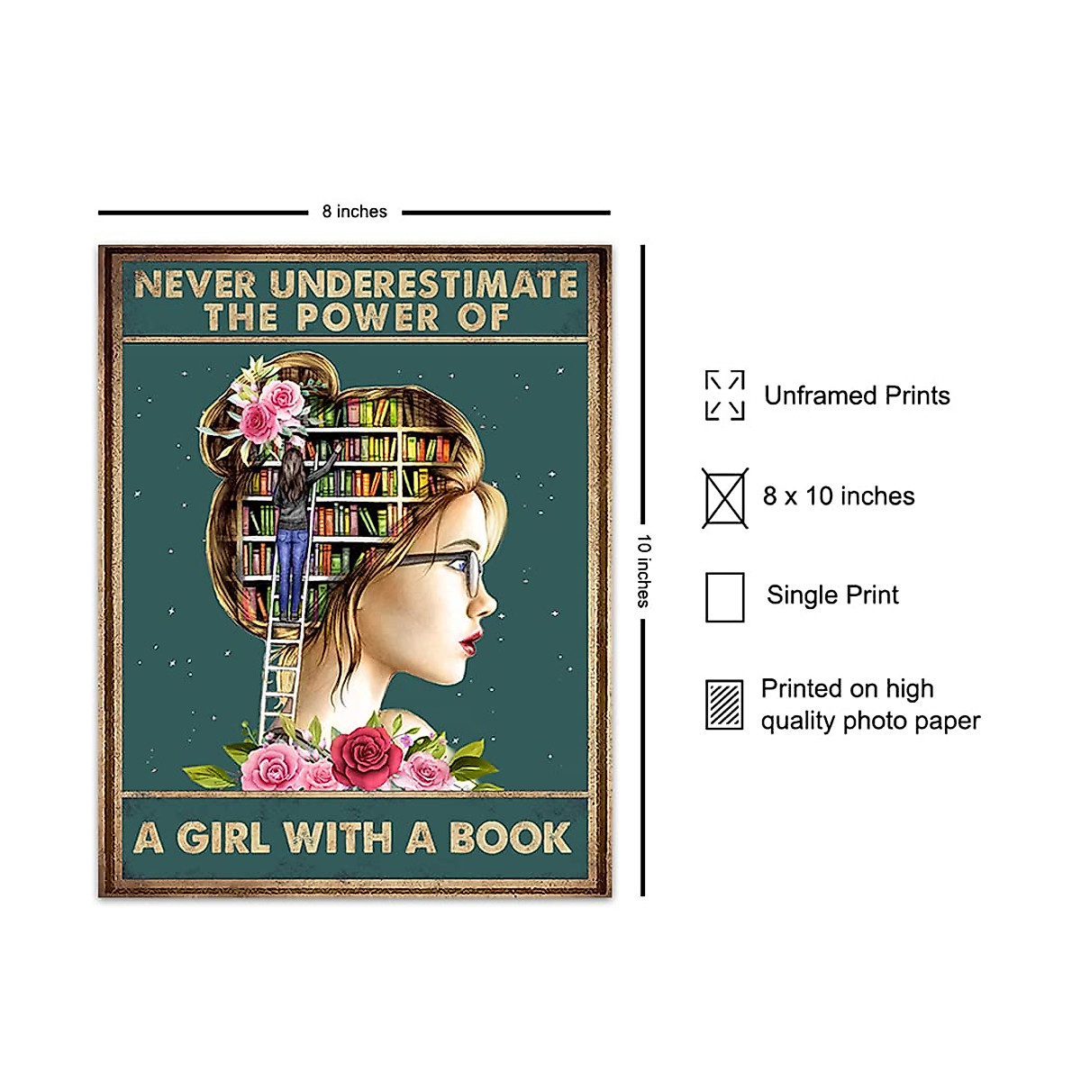 Inspirational Classroom Wall Art & Decor - Girls Bedroom - Never Underestimate A Girl With A Book - Positive Quotes - Girls Room - Girly Motivational Posters - Uplifting Encouragement Daughter Gifts