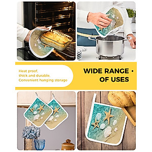 4 Pack Pot Holders Heat Insulation Hot Pads, Ocean Starfish Coastal Shell Washable Oven Pot Holder Set for Kitchen Summer Sea Beach Potholders for Baking Cooking Dining Table