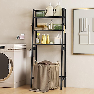 Giantex Over The Toilet Storage Shelf - 3-Tier Freestanding Above Toilet Rack with Adjustable Bottom Bar, Paper Holder, 2 Side Hooks, Metal Bathroom Organizer Shelf, Space Saving Toilet Shelf (Black)