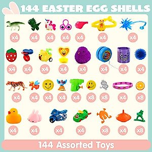 JOYIN 144 Pcs Prefilled Easter Eggs with Toys Plus Stickers Inside, Stuffed Toys for Easter Eggs Hunt, Basket Stuffers/Fillers, Party Favor, Classroom Prize Supplies