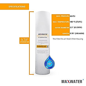 Max Water 10 inch x 2.5 inch, 5 Micron Replacement Sediment Water Filter Cartridge for Whole House, Melt Blown Filtration Fiber for Heavy Duty (Pack of 25)