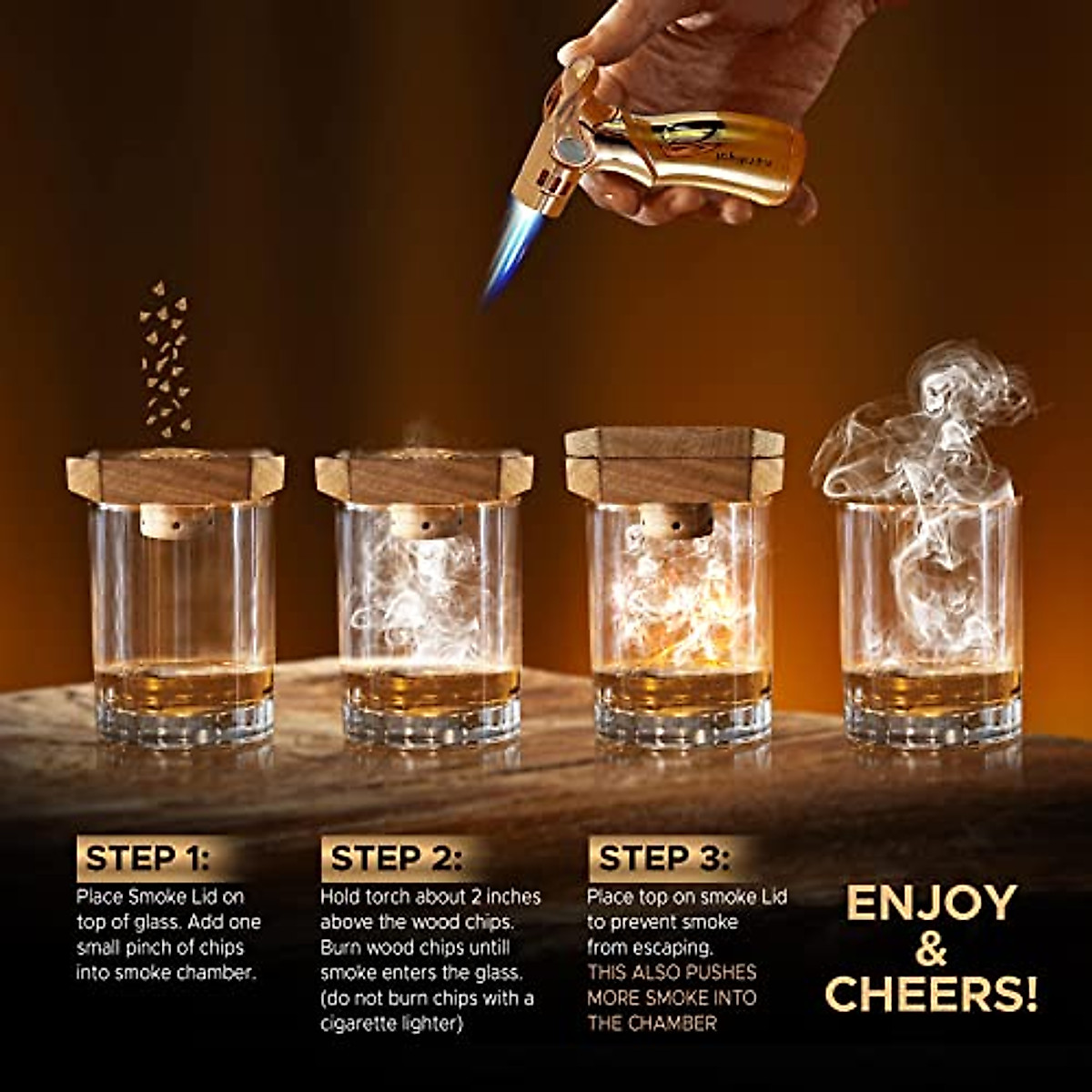 NORDIQAL Cocktail Smoker Kit with Torch, 6 Wood Chip Flavors for Whiskey and Bourbon (Butane Not Included) - Distressed Smoke Lid and Premium Packaging, Old Fashioned Whiskey Drink Smoker Infuser Kit