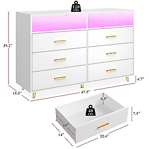 EnHomee Dresser for Bedroom, White Dresser with LED, Chests of Drawers, 6 Drawers & 2 Shelves for Bedroom, Wood Chests of Drawers, Large Space Saver Furniture