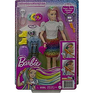 Barbie Doll Leopard Rainbow Hair with Color-Change Highlights & 16 Styling Accessories Including Clothes, Scrunchies, Brush & More