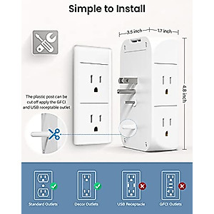Wall Outlet Extender with Shelf and Night Light,Surge Protector,USB Wall Charger with 5 USB Outlets and 3 USB Ports 1 USB C Outlet Wide Space 3-Sided Power Strip Multi Plug Outlets…