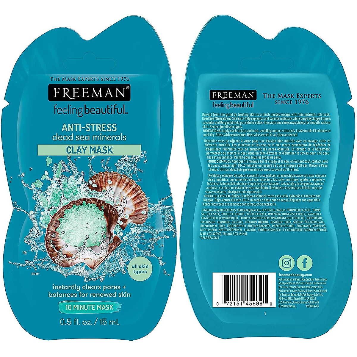 FREEMAN Facial Mask Variety Pack: Clay, Gel, Mud, & Peel-Off Skincare Masks, Hydrating, Detoxifying, Clearing, & Rejuvenating, Travel-Friendly Sachets, 18 Count