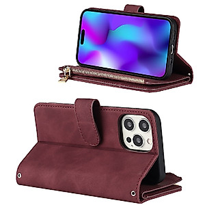 Jaorty for iPhone 14 Pro Max Phone Wallet Case for Women with Credit Card Holder,for iPhone 14 Pro Max Crossbody Case with Strap Lanyard, Zipper Pocket PU Leather Cases,6.7 Inch,Burgundy