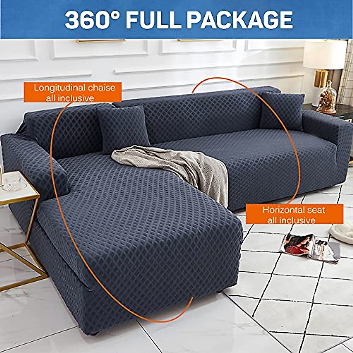 Checks Stretch Sofa Slipcover, Thick Sectional Couch Covers Elastic Bottom Removable L-Shaped Sofa Covers for Pets Cat Dog-Blue A-3 Seater+4 Seater