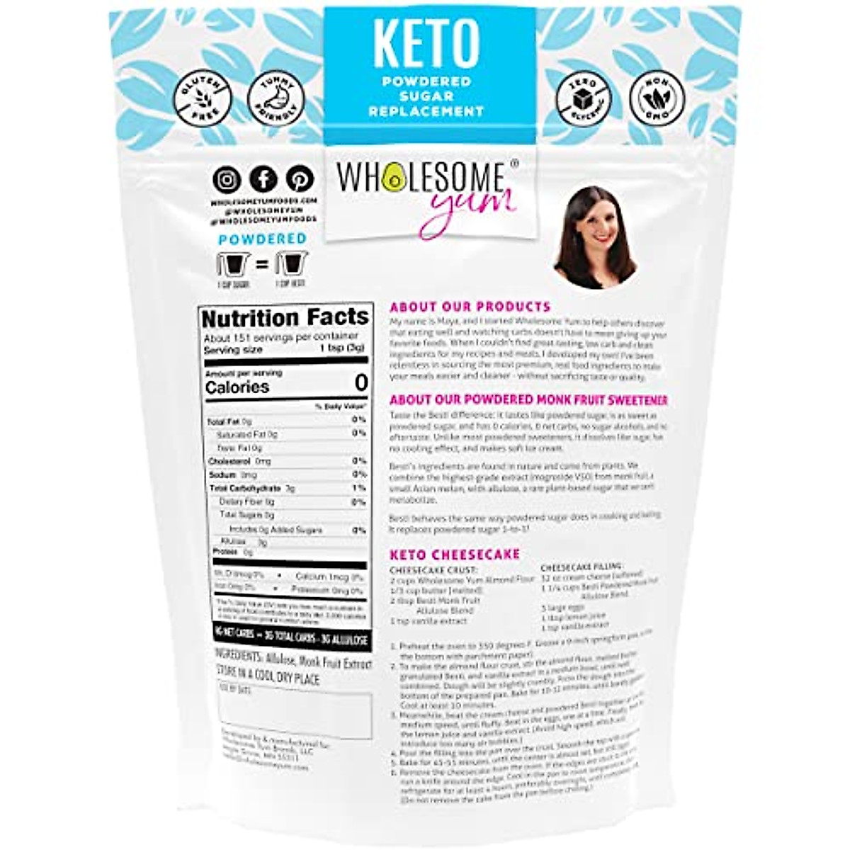 Wholesome Yum Besti Natural Powdered Sugar Substitute - Confectioners Monk Fruit Sweetener Blend With Allulose (No Erythritol) - Keto, Non GMO, Zero Carb, Zero Calorie, No Aftertaste (1 lb)