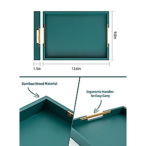Kanwone Decorative Tray , 13.6"x9.8" Serving Tray, Rectangle Ottoman Tray with Gold Polished Metal Handles, Coffee Table Trays for Living Room Kitchen and Home Decor, Green