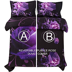 WONGS BEDDING Duvet Cover Set King, 3 Pieces Valentine's Day Bedding Set with 2 Pillowcases, Purple Rose Gifts for Gril Duvet Cover King 90"x104"