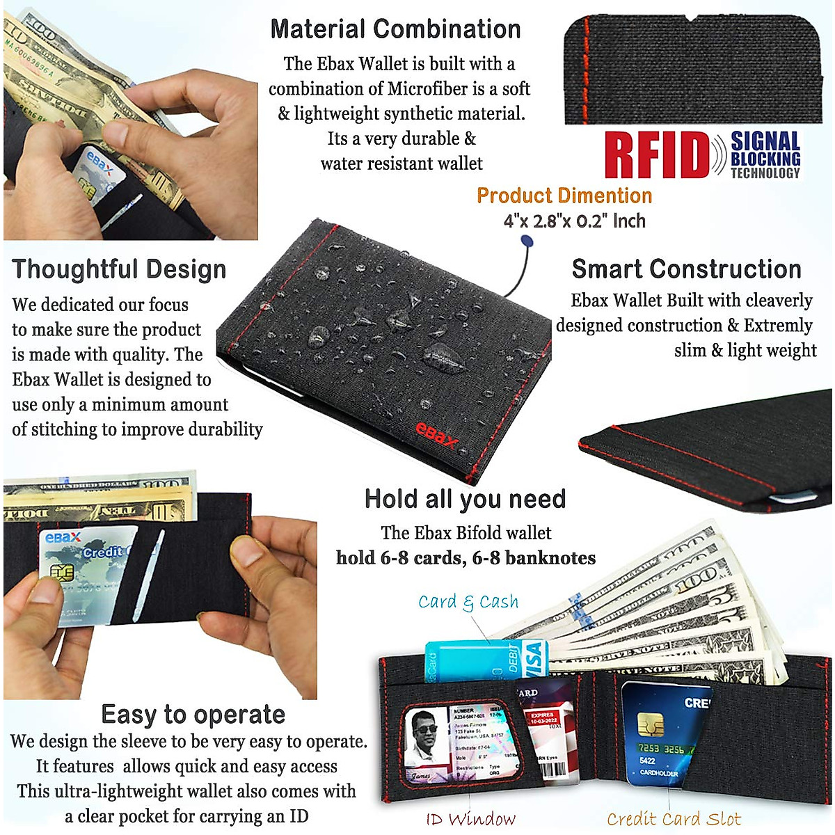 VBAX Microfiber Waterproof RFID Slim Bifold Wallet for Men - Minimalist Front Pocket Card Holder Holds up to 10 Cards and Cash, Grey Ash