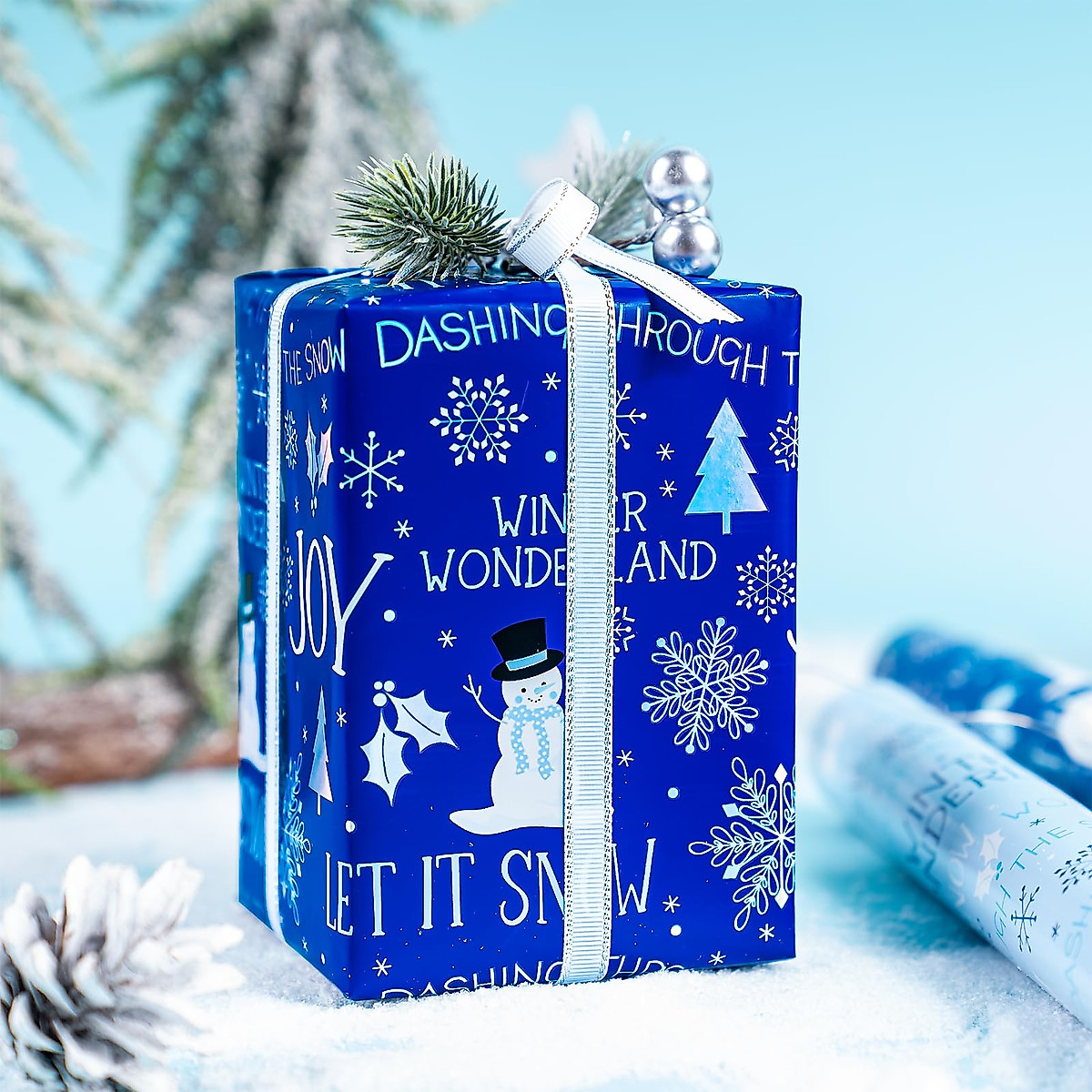 WRAPAHOLIC Christmas Wrapping Paper Roll - Mini Roll - 3 Rolls - 17 Inch x 120 Inch Per Roll - Blue and White Winter Wondland, Snowflake, Snowman Holiday Collection with Metallic Foil Shine