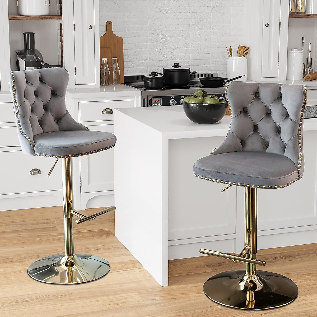 Aoowow Swivel Bar Stools Set of 4,Adjustable Barstools with Back Velvet Tufted Counter Stools Modern Upholstered Bar Chairs with Nailhead for Kitchen Island Restaurant Pub Counter